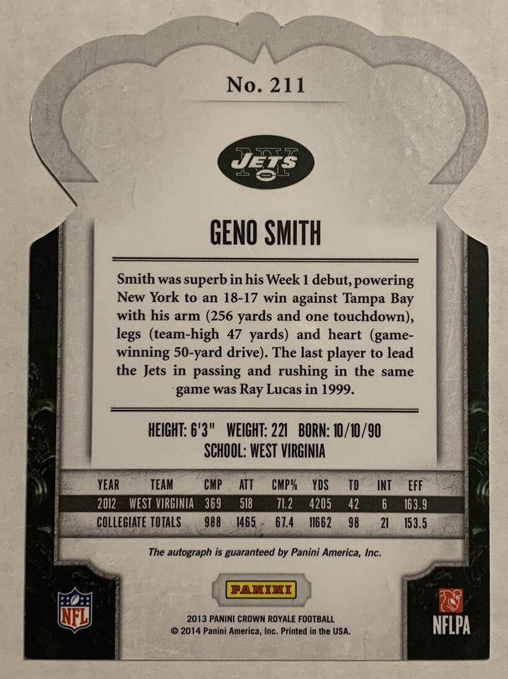 2013 Panini Crown Royale Gold Die-Cut Autograph 06/10 Geno Smith Rookie ...