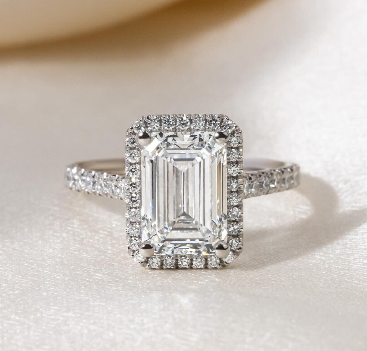 Emerald Halo Engagement Ring Emerald Cut Moissanite Ring For Wedding ...
