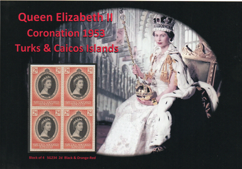 QUEEN ELIZABETH II NICE DISPLAY TURKS & CAICOS 1953 CORONATION BLOCK OF ...