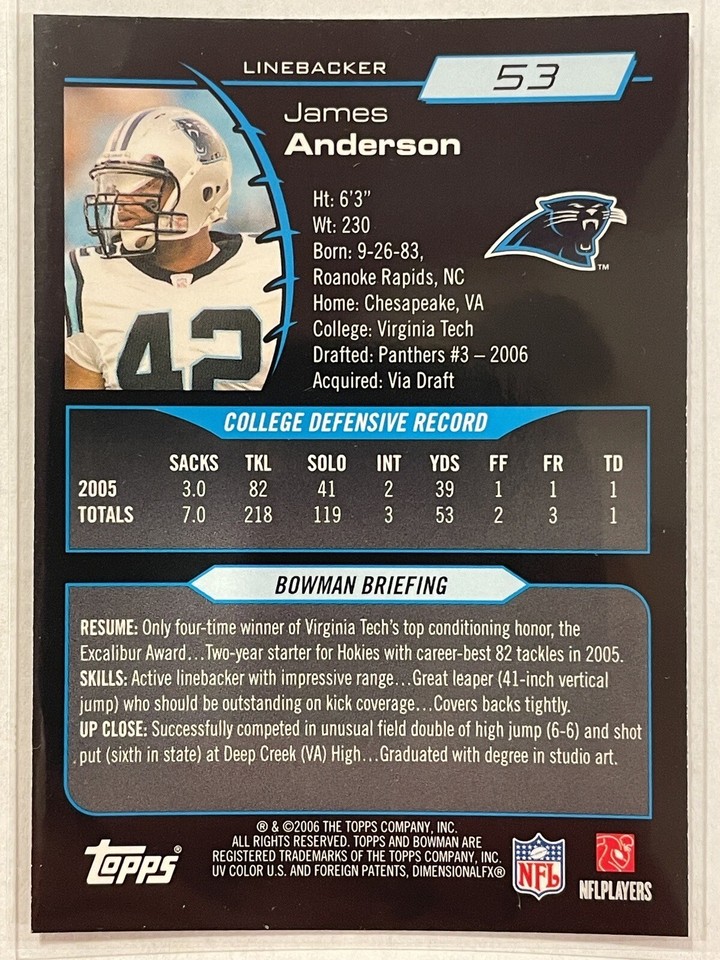 2006 Bowman JAMES ANDERSON Rookie RC #53 Football Carolina Panthers | eBay