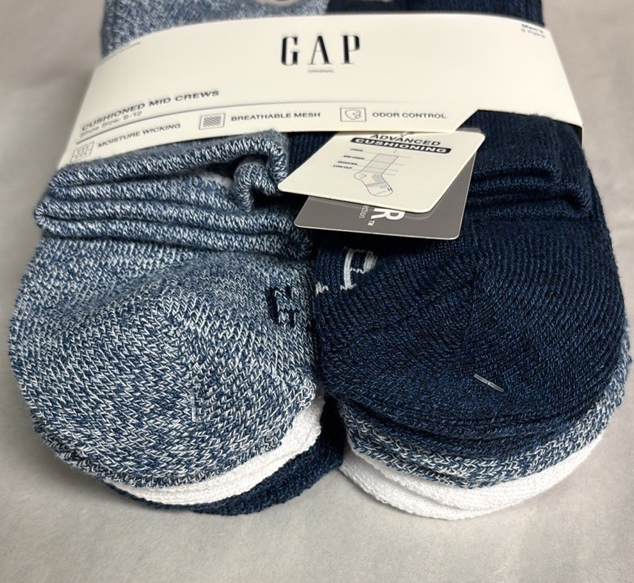 New Gap Socks Men’s 6 Pair Blue & White Cushioned Mid Crews Casual ...