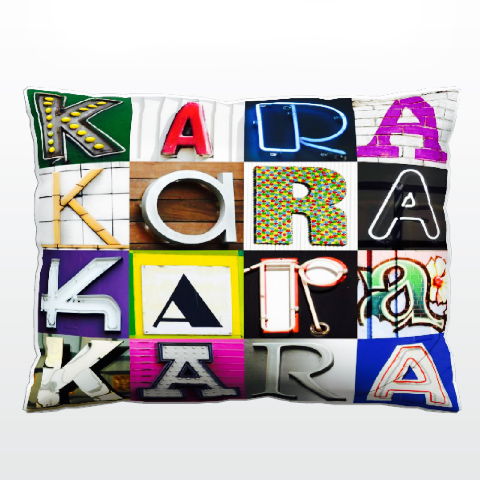 Personalized Pillow featuring the name KARA in photos of sign letters ...