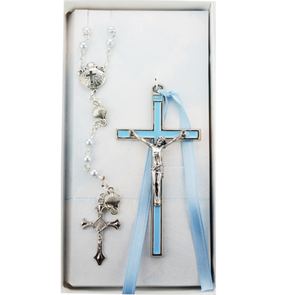 Boys Girls Pewter Crib Cross Rosary Baptism Nursery Christening ...