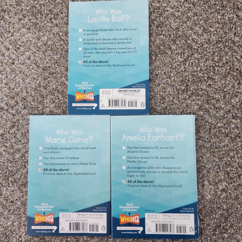 Who HQ Book Lot Of 2 Who Was Amelia Earhart, Lucille Ball, Marie Curie ...