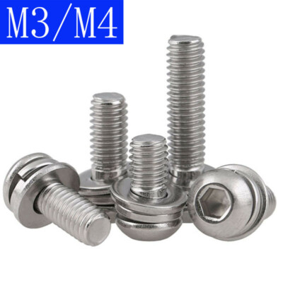 M3 M4 304 Stainless Steel Allen Hex Socket Screw +Washer Plain Washer ...