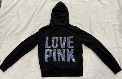 PINK Victoria's Secret Hoodie Women's MED Faux Fur Lined LOVE Sequin ...