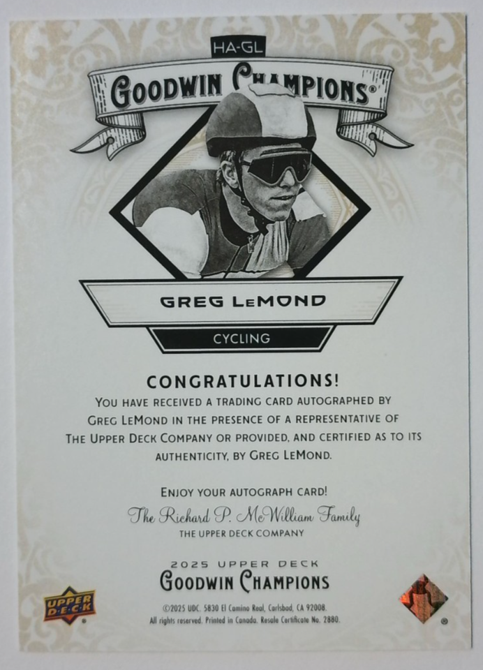 Greg LeMond 2025 UD Goodwin Champions SP On Card Auto Autograph #HA-GL ...