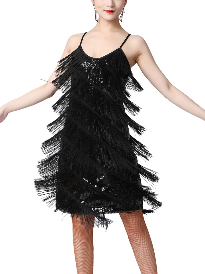Women Sequins Fringe Tassel Flapper Dress Samba Chacha Tango Latin ...