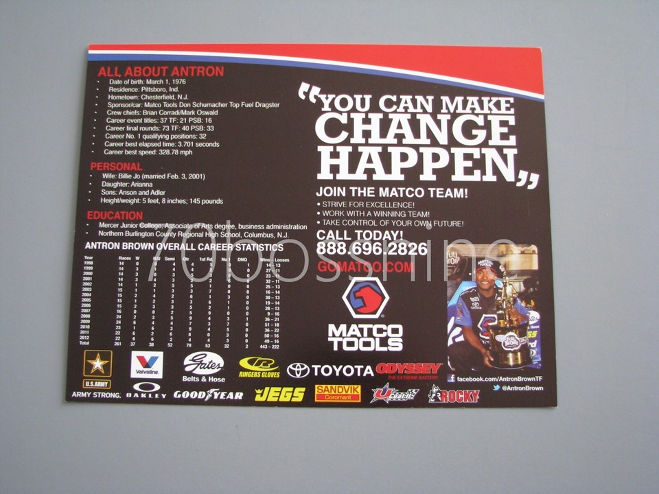 ANTRON BROWN 2013 MATCO TOOLS TOP FUEL DRAGSTER 8.5x11 NHRA DRAG RACING ...