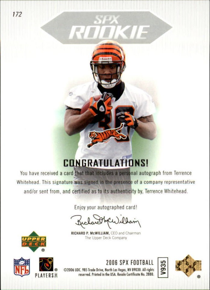2006 SPx Rookie Autographs Bengals Football Card #172 Terrence ...