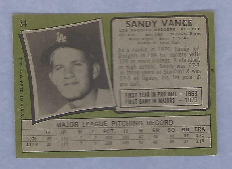 1971 Topps - #34 Sandy Vance - Los Angeles Dodgers - ExMt CENTERED | eBay