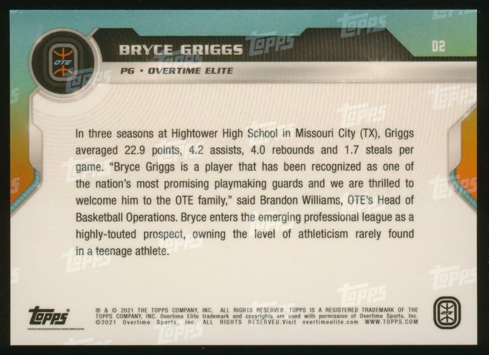 BRYCE GRIGGS 2021 Topps NOW Overtime Elite #1/10 RC Rare Parallel Debut ...
