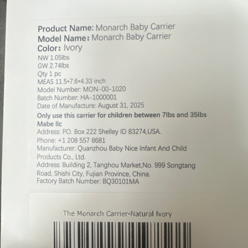 MABE Monarch Baby Carrier Ivory Monarch Model MON-00-1020 Baby Carrier ...
