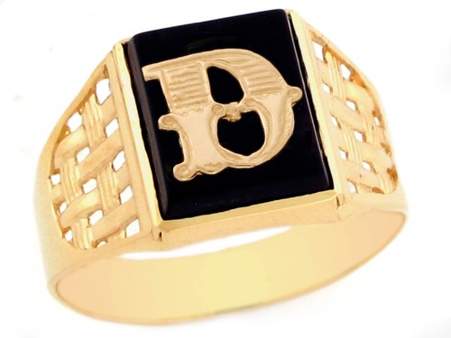 10k or 14k Yellow Gold Bold Black Onyx Mens Basket Weave Initial Letter ...