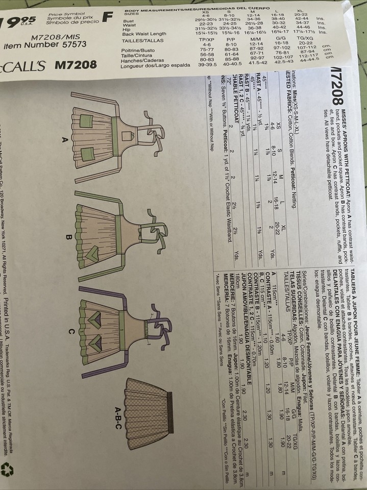 McCall's Patterns M7208 Misses' Aprons & Petticoat (XSM-SM-MD-LG-XL ...
