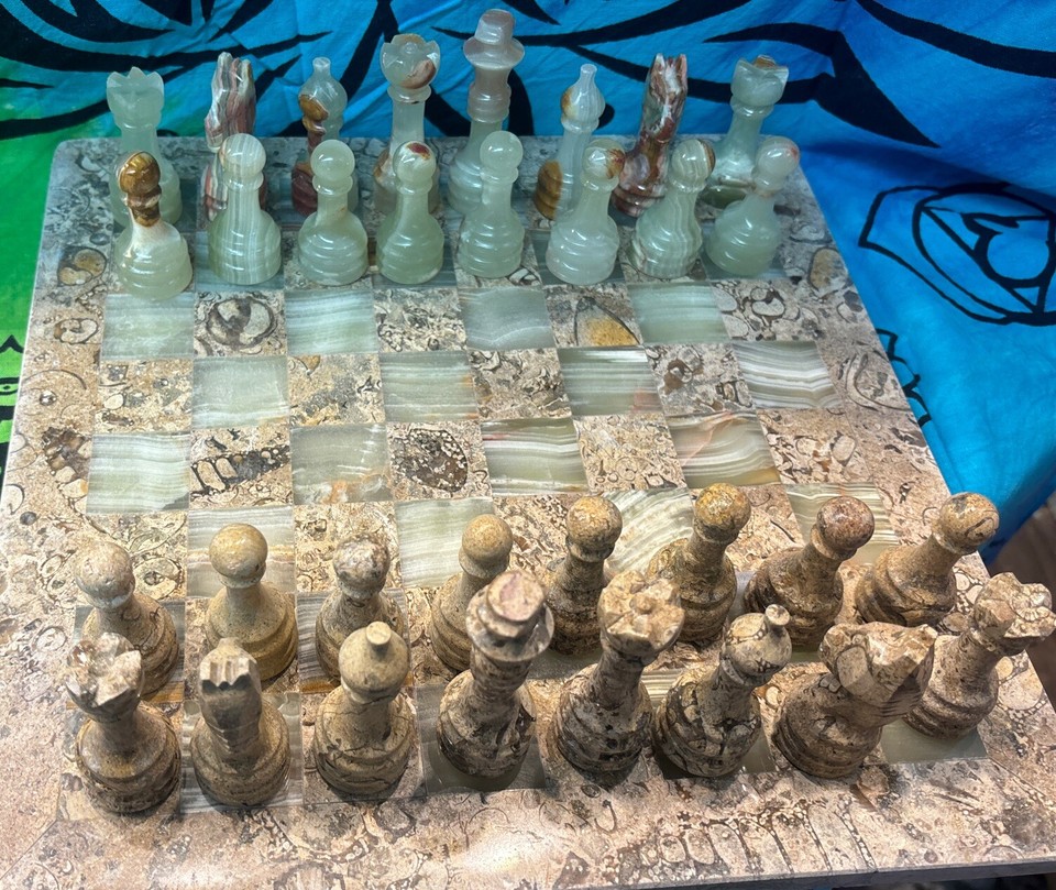 12 inch green onyx and fossil rock chess set | eBay