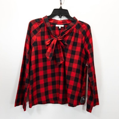 Madewell Buffalo Check Tie Neck Popover Blouse Top V-Neck Flannel Women ...