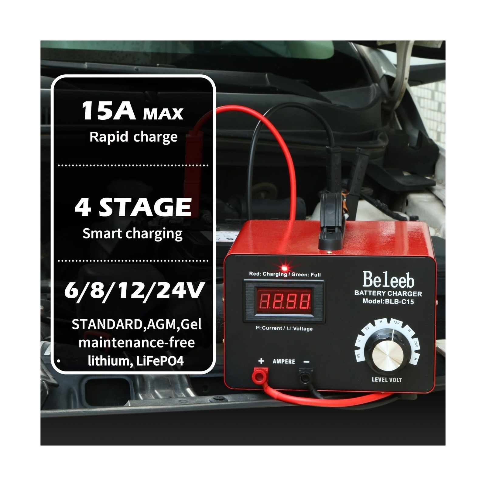 Beleeb C15 Multiple Voltage Battery Charger 6V 8V 12V 24V Lead-Acid ...
