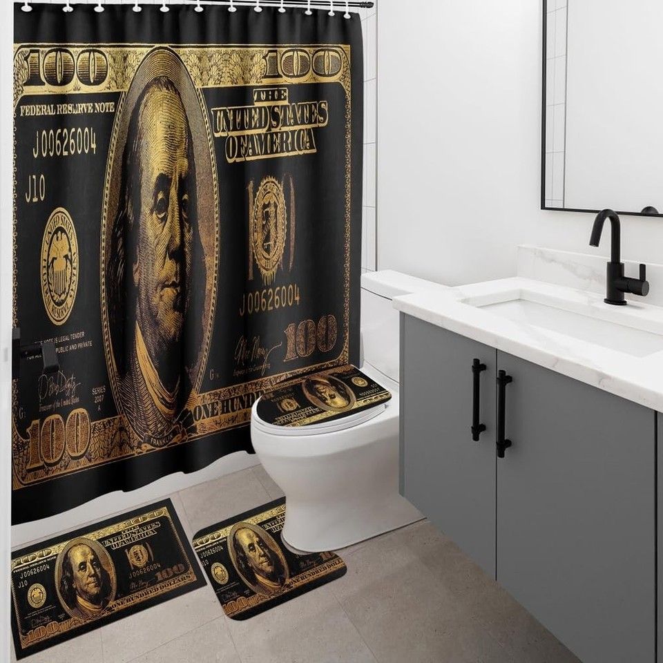 Black Gold 100 Dollar Bill Bathroom Set with Money Shower Curtain and ...