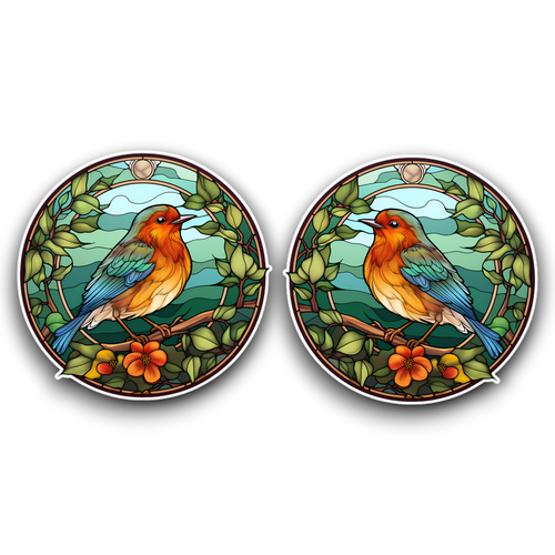 2x Small Cute Robin Wild Bird Stained Glass Opaque Vinyl Sticker Decal ...