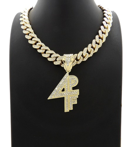 LIL BABY 4PF 4 POCKETS FULL DIAMOND GOLD CUBAN LINK CHAIN NECKLACE RAP ...