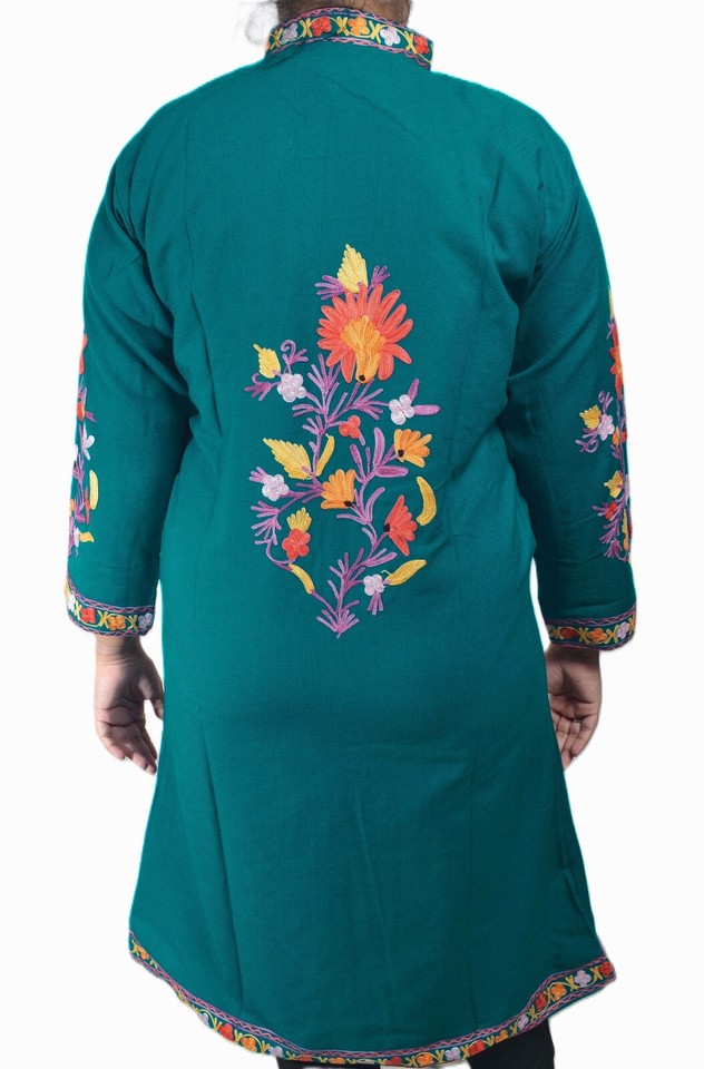 TEAL GREEN Long Coat Kashmir Hand Embroidered Jacket 100% Wool Floral ...