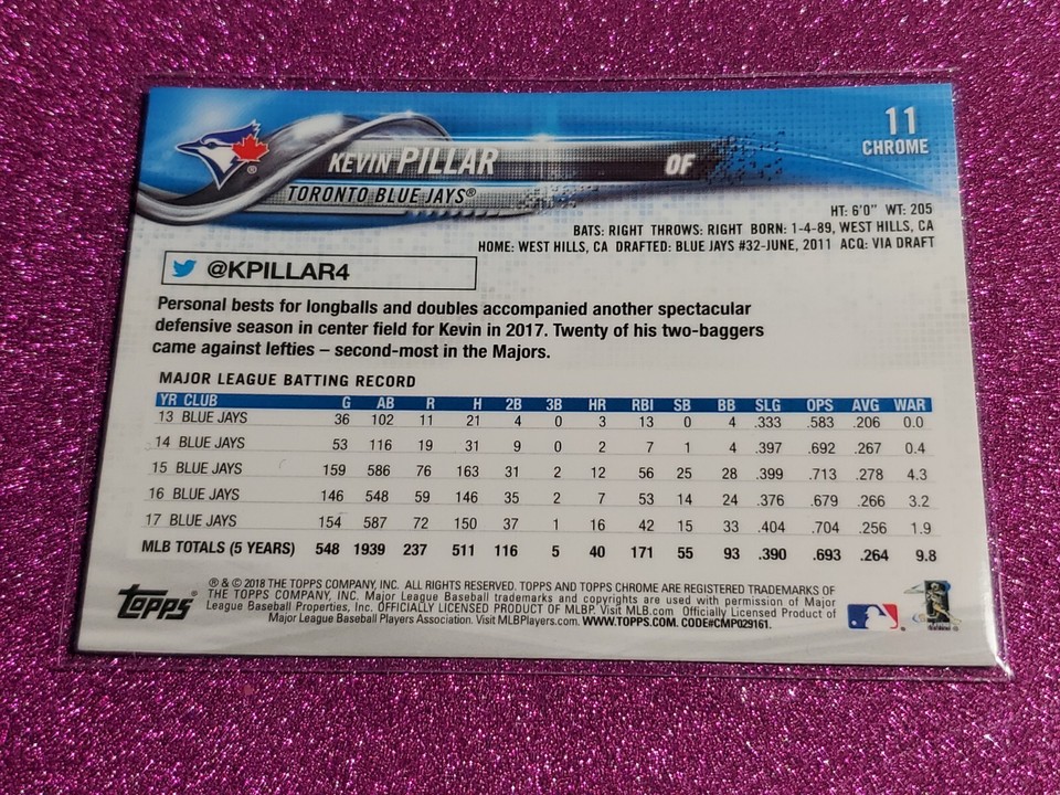 2018 Topps Chrome #11 Kevin Pillar Toronto Blue Jays MLB Baseball Card ...
