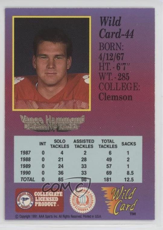 1991 Wild Card Draft 5 Stripe Vance Hammond #44 1qa | eBay