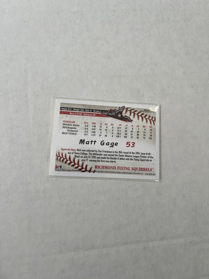 Matt Gage Richmond Flying Squirrels Signed Autograph Card Blue Jays ...