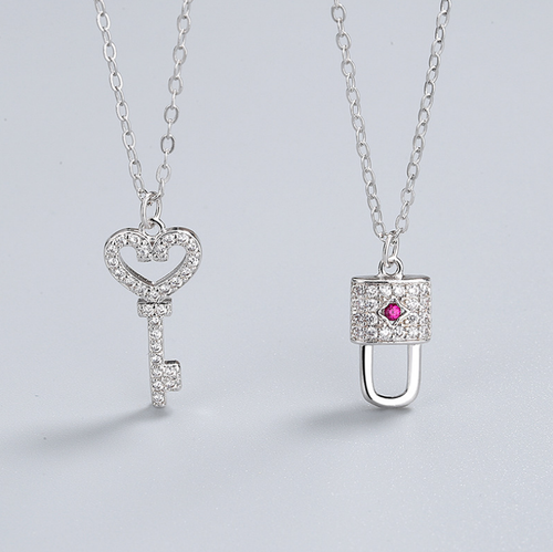Clover Lock/Heart Key Silver Pave CZ White Gold Pendant Chain Necklace ...