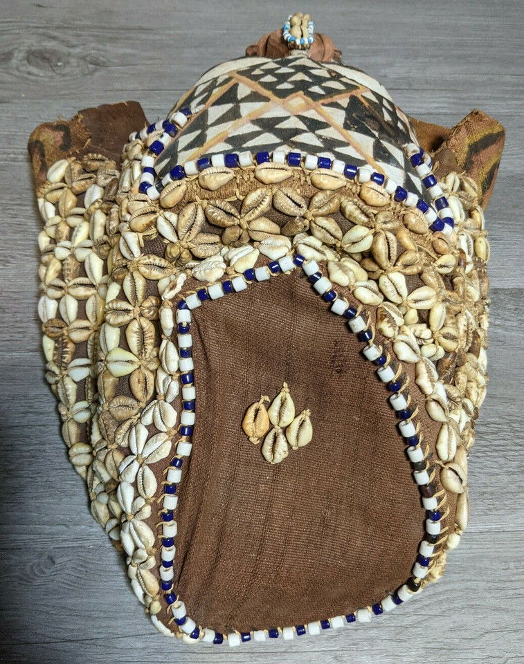 Kuba Beaded Hooded Mask w/Ornate Cowrie Shell Headdress Carved African ...