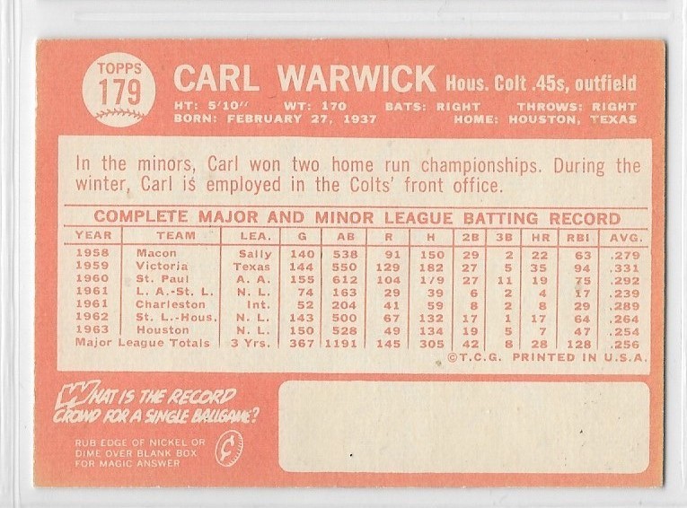 1964 Topps #179 CARL WARWICK Houston Colt .45s (Excellent) **free ...