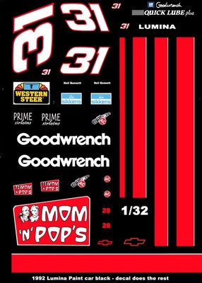 31 Neil Bonnett MOM N POP'S Chevy 1/32nd Scale Slot Car Waterslide ...