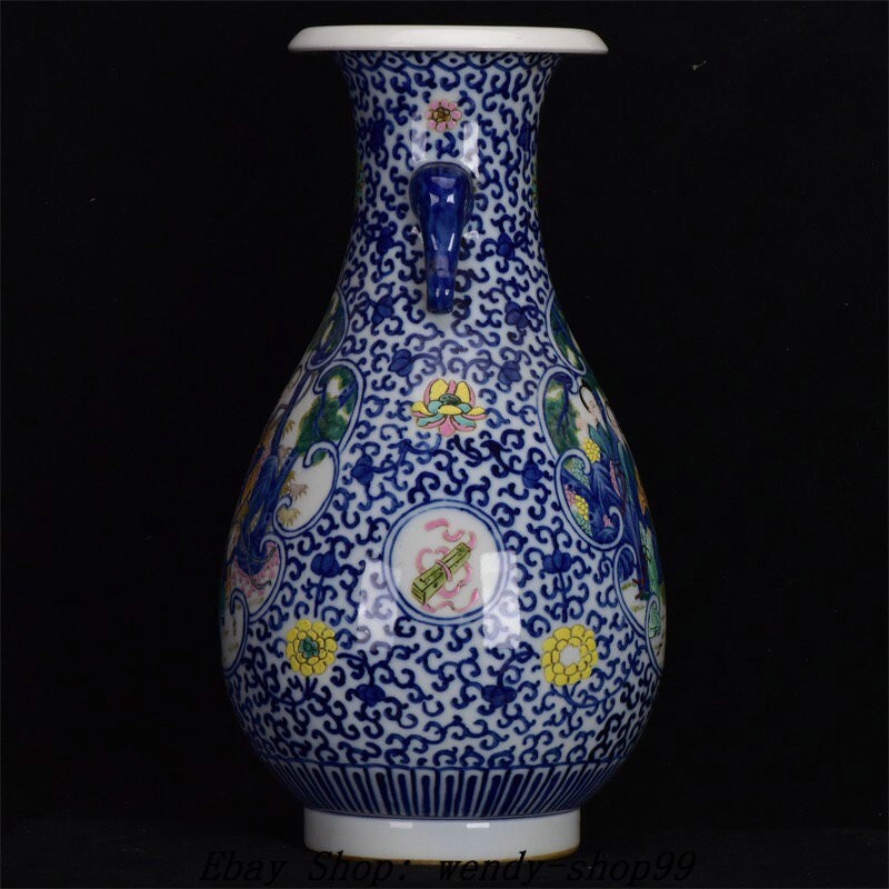 17" Qianlong Blue White Famille Rose Porcelain 8 Auspicious Symbol Boys ...