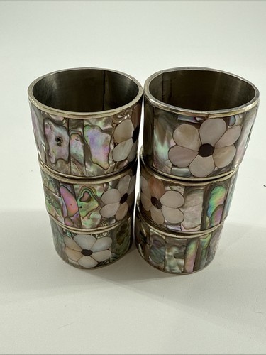 VINTAGE ABALONE Flowers MOTHER OF PEARL NAPKIN RING SET 6 Silver Mexico ...