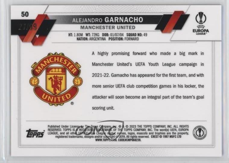 2022 Chrome UEFA Club Competitions Color Match /99 Alejandro Garnacho ...