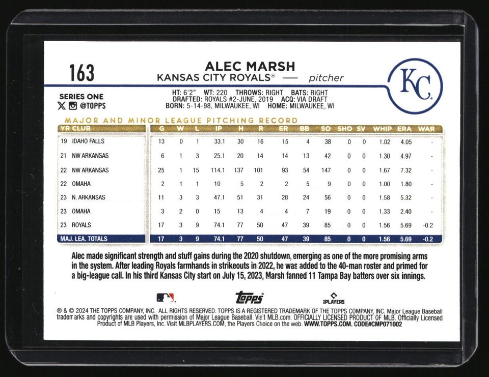 2024 Topps Series 1 #163 Alec Marsh Kansas City Royals Rookie | eBay