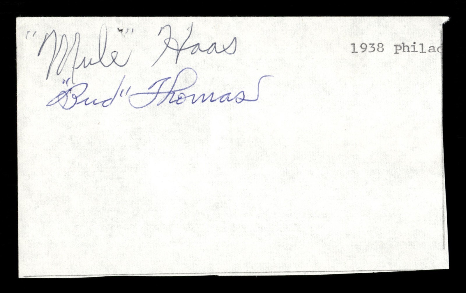 Bud Thomas & Mule Haas Autographed 3x5 Notebook Page 1938 Phillies | eBay