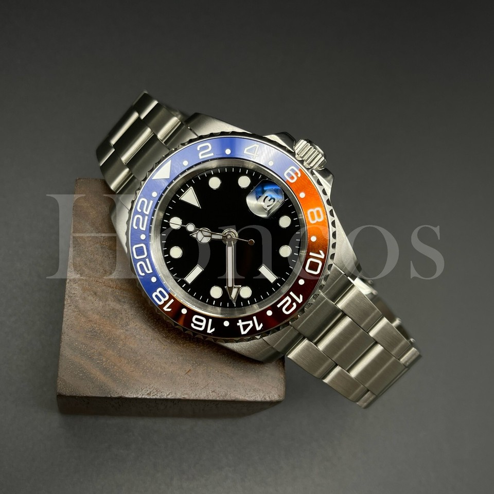 Custom Made GMT Style Watch Automatic Movement Black Dial Blue/Red ...