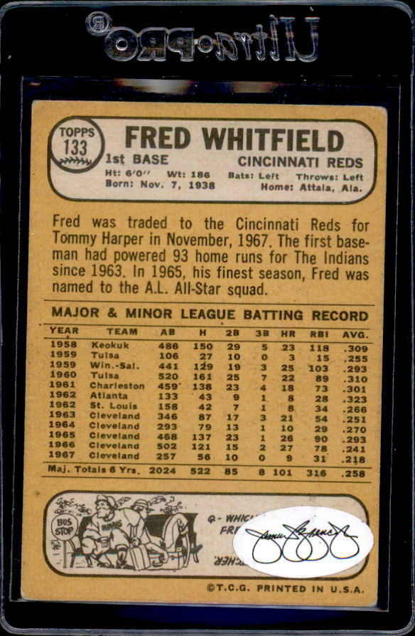 Fred Whitfield Cincinnati Reds 1968 Topps #133 Autographed Signed ...