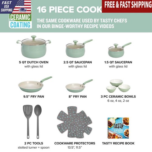 16 Piece Non-Stick Ceramic Cookware Set W/ Cookware Protectors & Prep ...