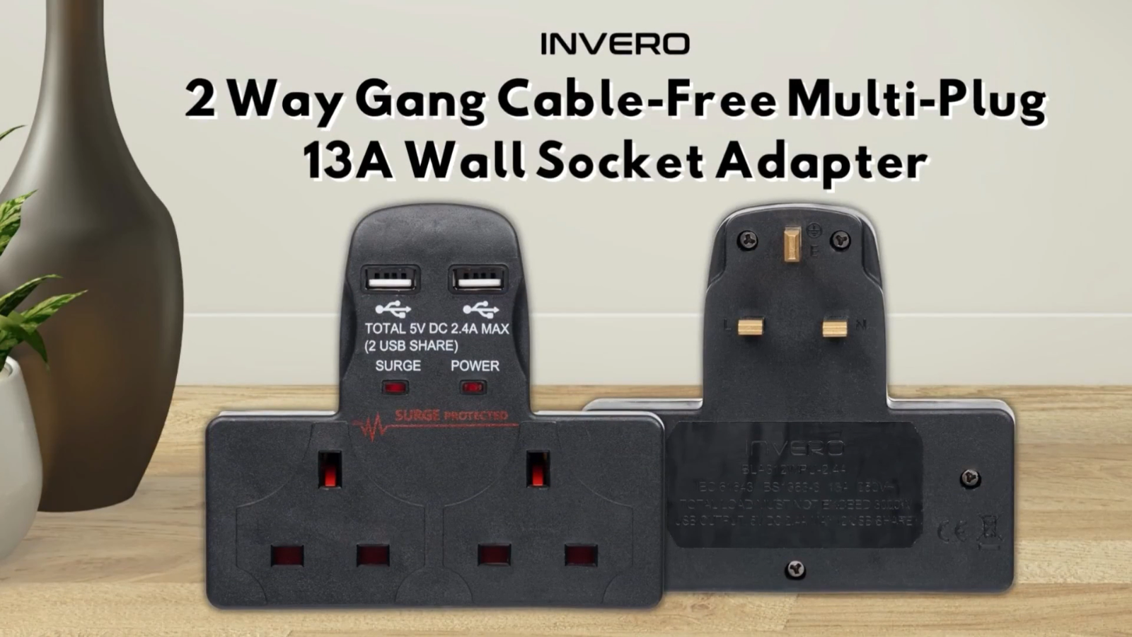 Cable Free 2 Way Mains Adaptor 2x USB Charge Ports 2.4A Surge Protected ...