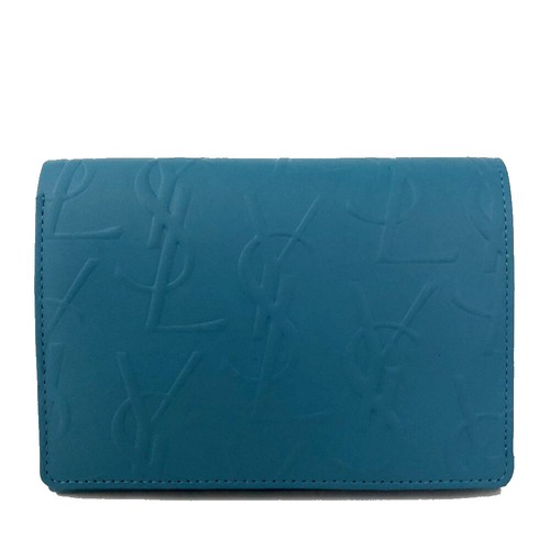 Unused Yves Saint Laurent YSL Embossed Leather Bifold Wallet Blue ...