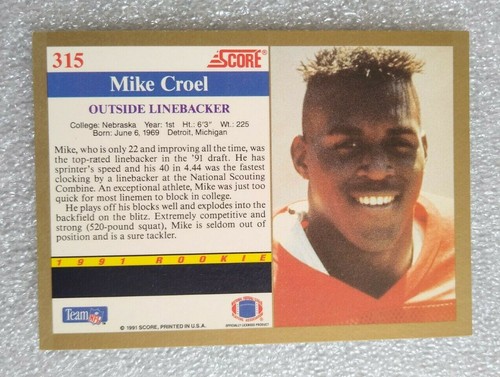 1991 SCORE #315 MIKE CROEL Rookie Card Nebraska Cornhuskers Denver ...