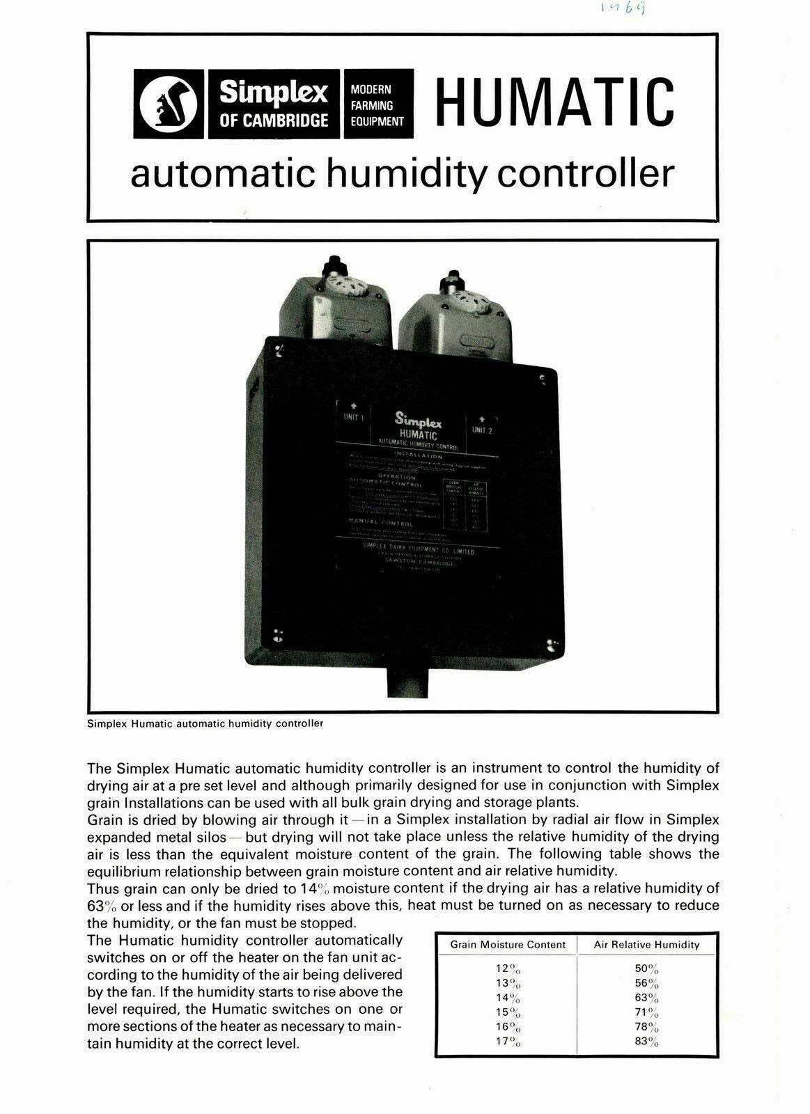 Simplex Humatic Automatic Humidity Controller 1969 Brochure / Leaflet ...