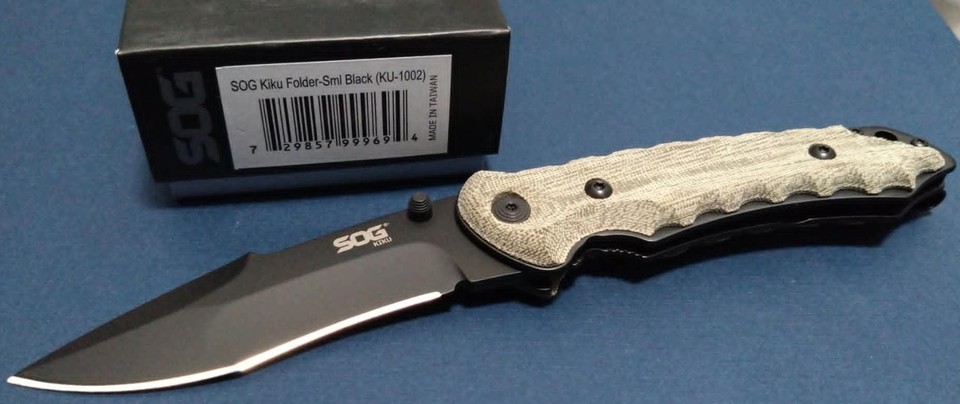 SOG KU-1002 Kiku Folder Knife Small Black TiNi Blade Linen Micarta New ...