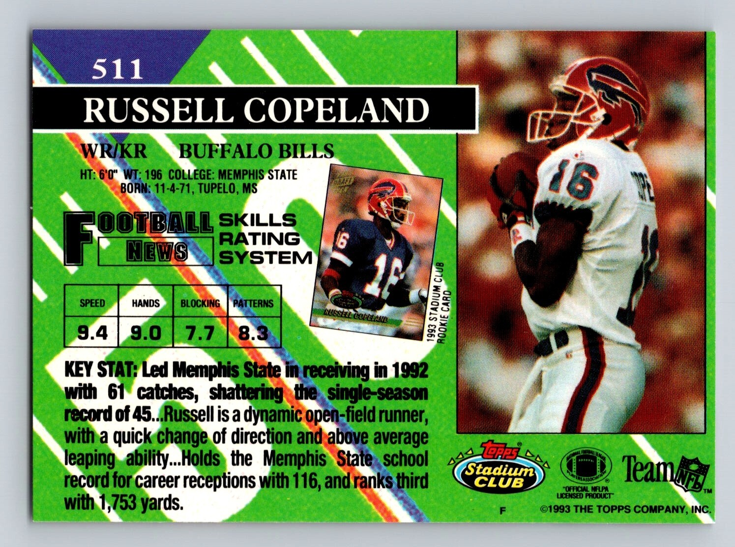 RUSSELL COPELAND 1993 TOPPS STADIUM CLUB 1ST DAY ISSUE RC #511 BUFFALO ...