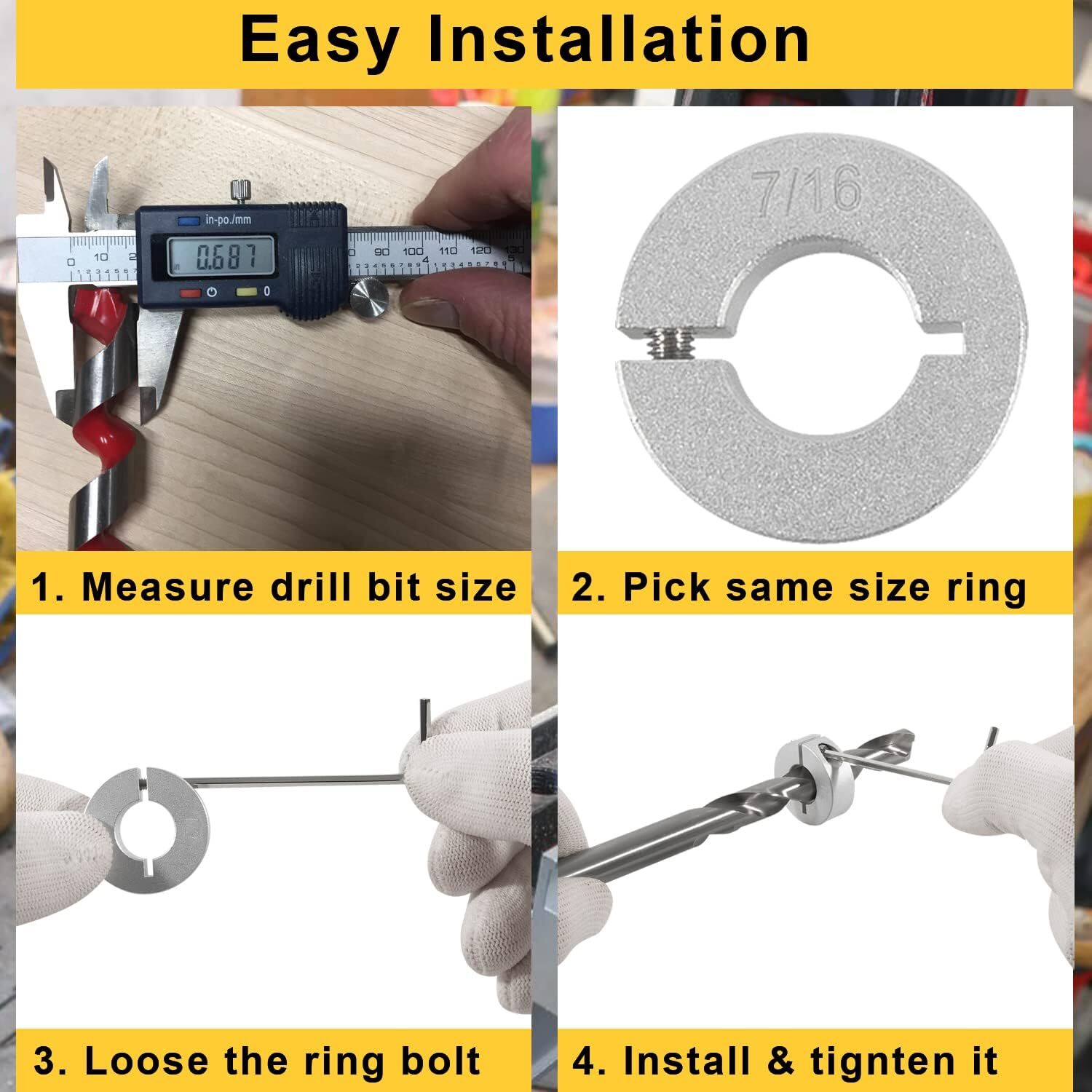 Stop Collar Set Drill Bit Depth Stop Split Ring Design - 8 Piece Set(1/ ...