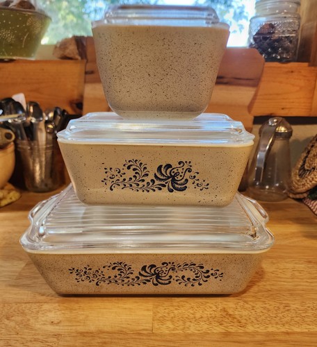 Vintage Pyrex Homestead Tan Blue Speckles Lot w/Lids # 503,502, & 501 ...