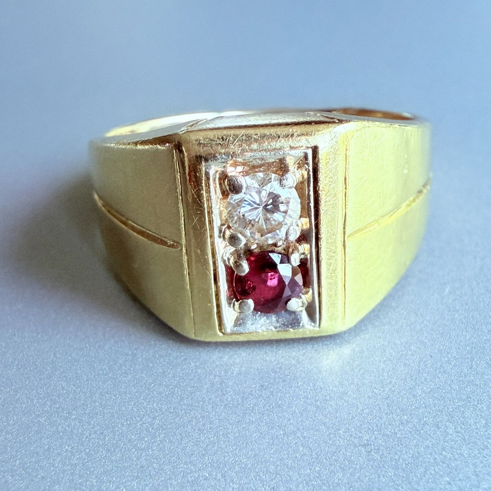 14k Gold Genuine Diamond & Ruby Men’s Vintage Retro MCM Signet Large ...